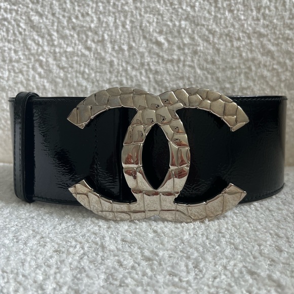 CHANEL | Accessories | Chanel Black Wide Patent Leather Large Cc Belt ...